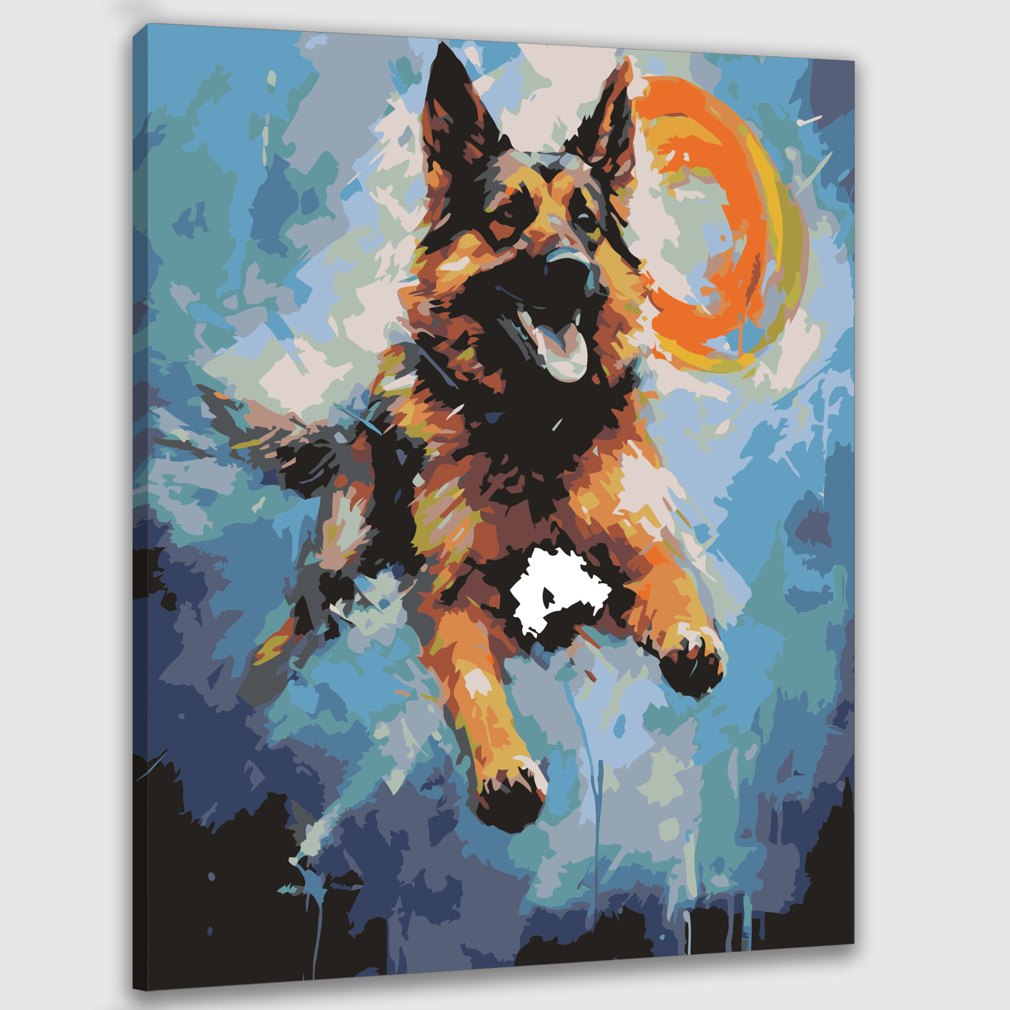 Картина по номерам 40x50 см, акриловая картина, немецкая овчарка, фрисби, полет, энергия, атлетизм, мазки кисти