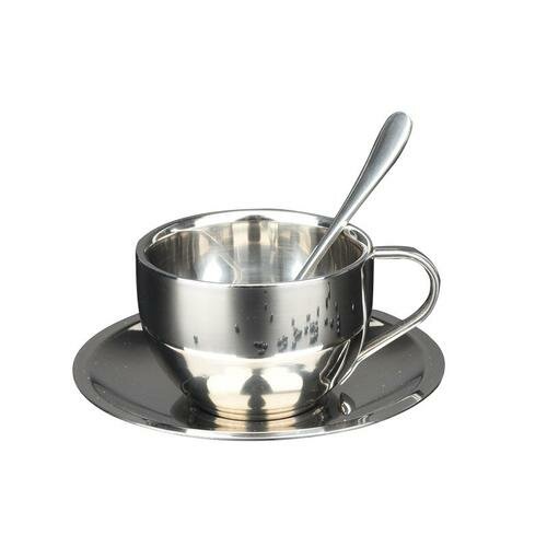 Creative Gift Cup Stainless Steel Coffee Cup Set Double Milk Cup European Cup With Saucer Tea Cups And Saucer Sets|Mugs