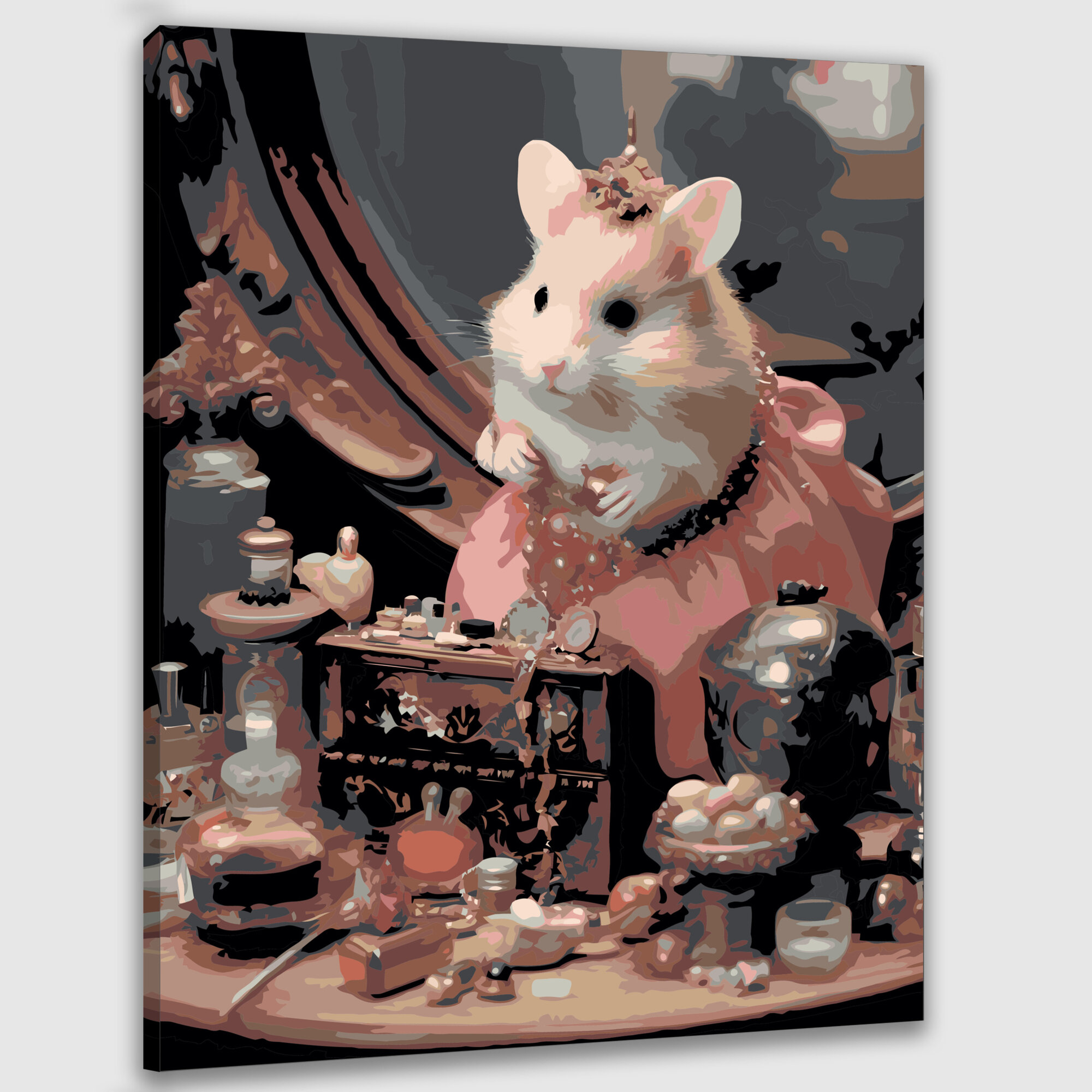 Картина по номерам 40x50 см, хомячок, аксессуары, макияж, туалетный столик, косметические средства, стиль