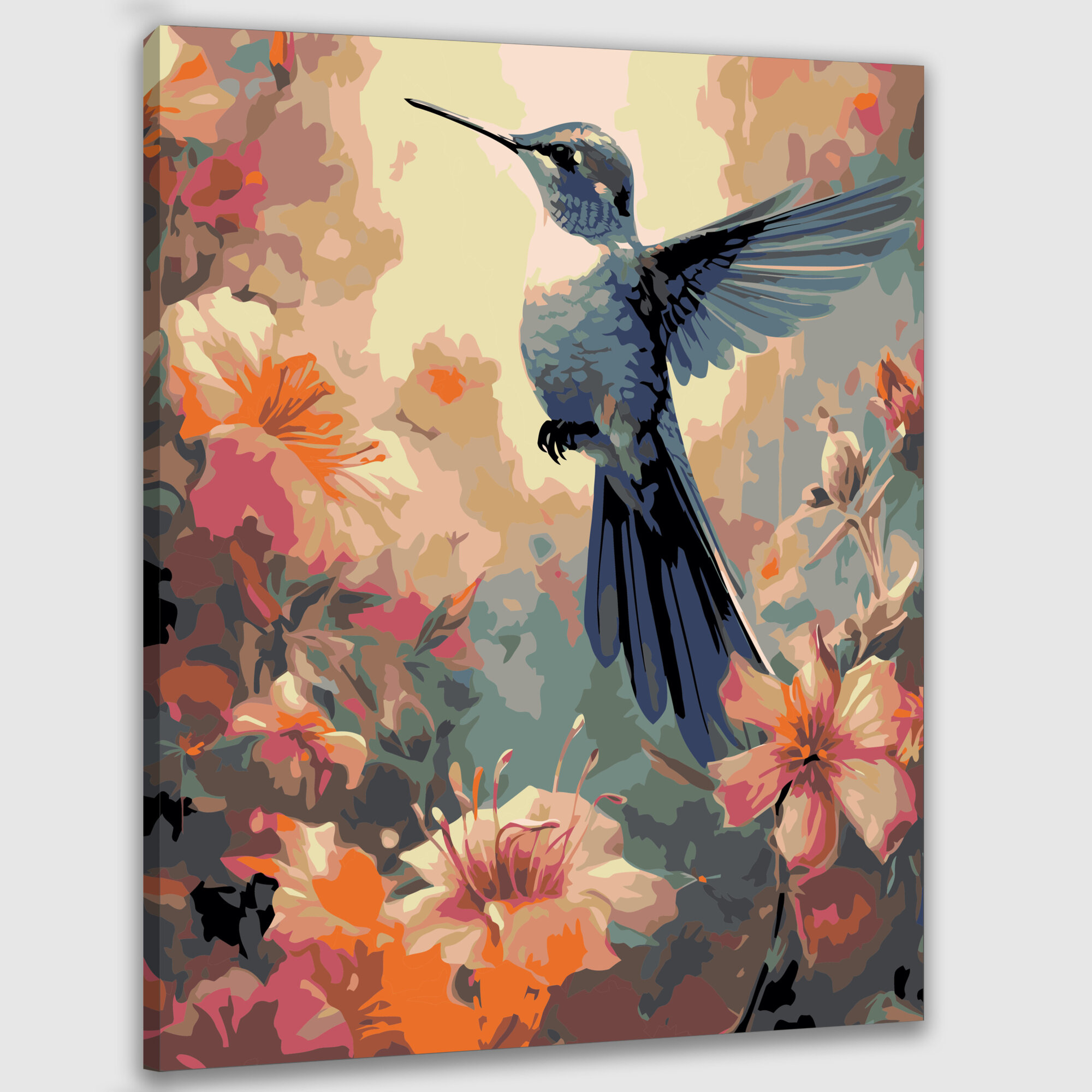 Картина по номерам 40x50 см, картина, акварель, иллюстрация, колибри, полет, радужные перья, распускающиеся цветы