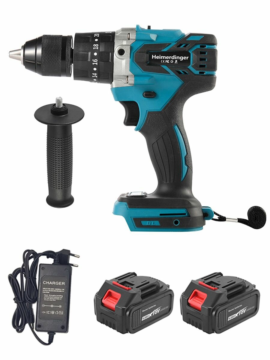 Аккумуляторная ударная бесщеточная дрель-шуруповерт Heimerdinger, 18В, 2х4 Ач Li-Ion, 120 нм, LB176