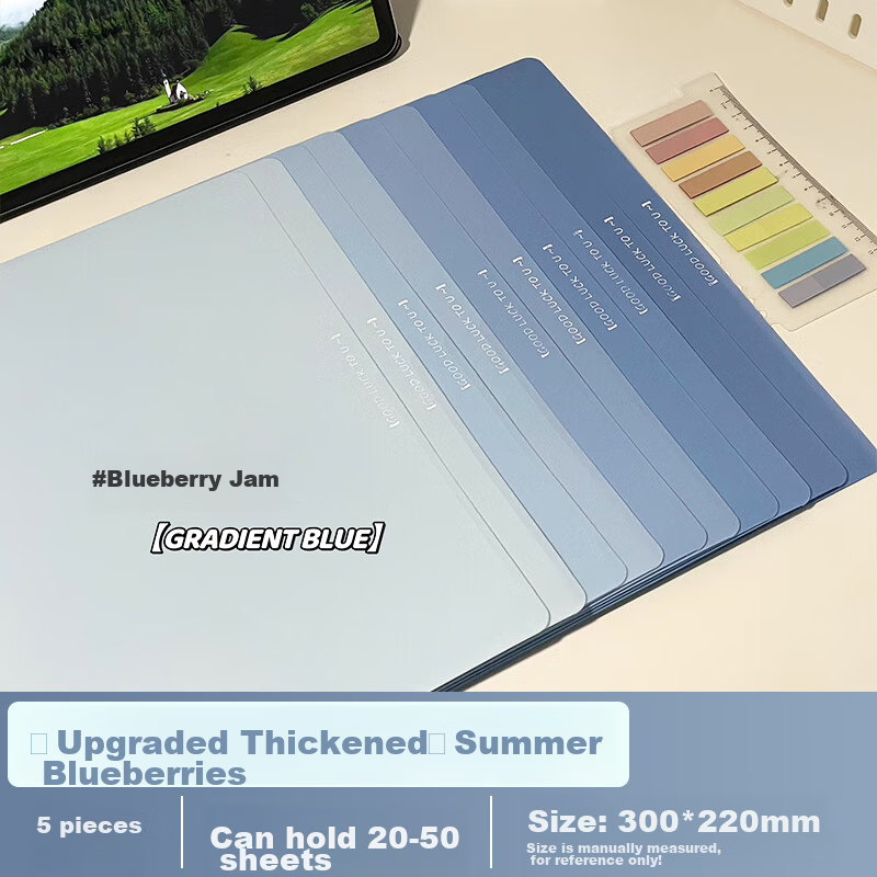 Shao Nuan Ban File Folder, Two-Page Document Organizer, A4 Gradient L-Shaped Exam Paper Storage Bag, Waterproof Single Sheet Exam Paper Folder, Storage Folder, Resume Protective Cover, Blue, 5-Pack