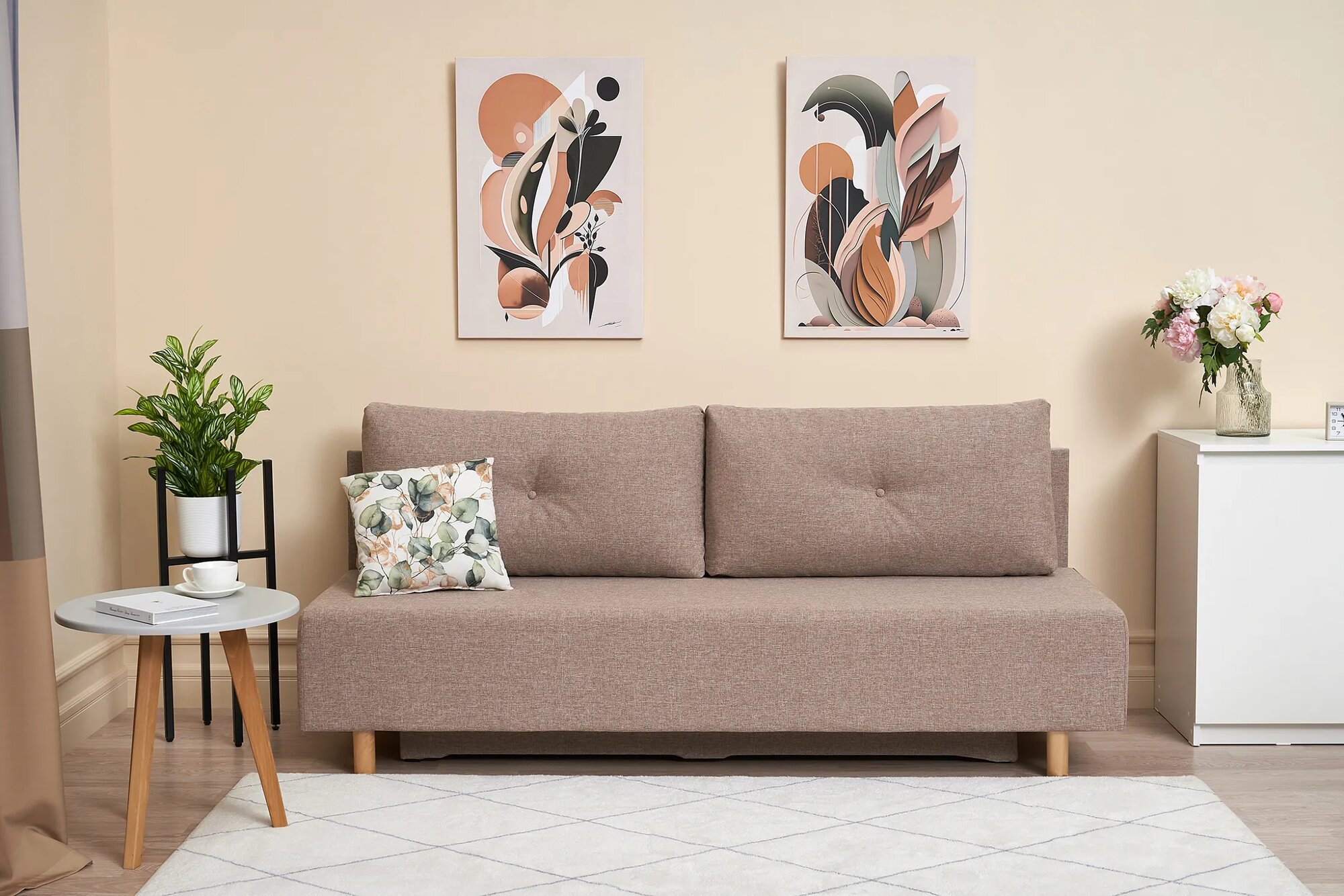 Диван Интер Еврокнижка, бежевый, ткань рогожка, с ящиком для белья, на ножках 12см