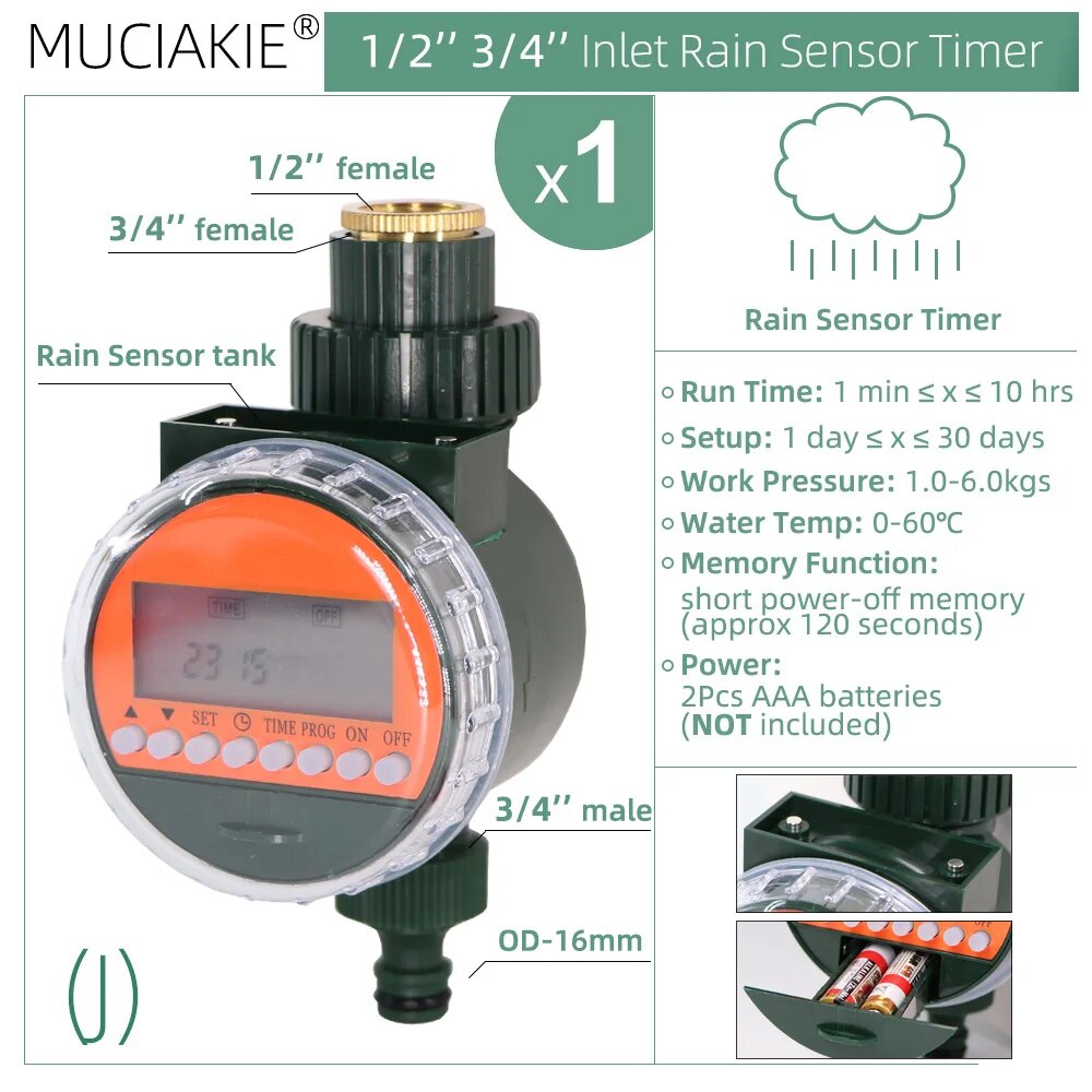 Таймер полива с датчиком дождя MUCIAKIE 1/2" 3/4"
