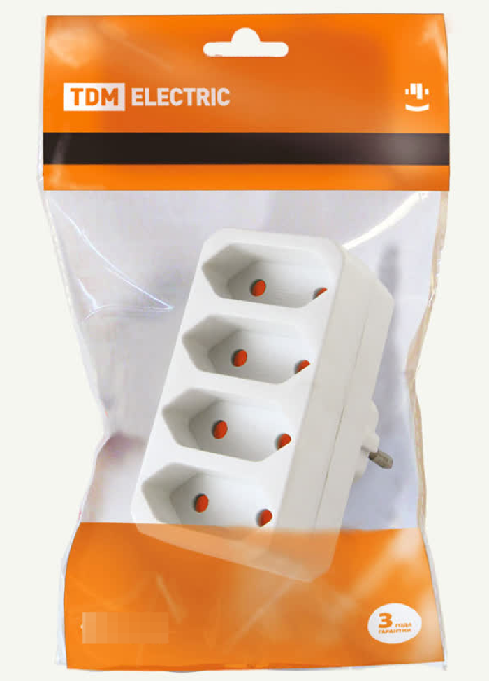 Разветвитель электрический сетевой TDM Electric / ТДМ Электрик 2П линейный под плоскую вилку без заземления, 4 розетки 2.5А 250B белый, SQ1806-0203