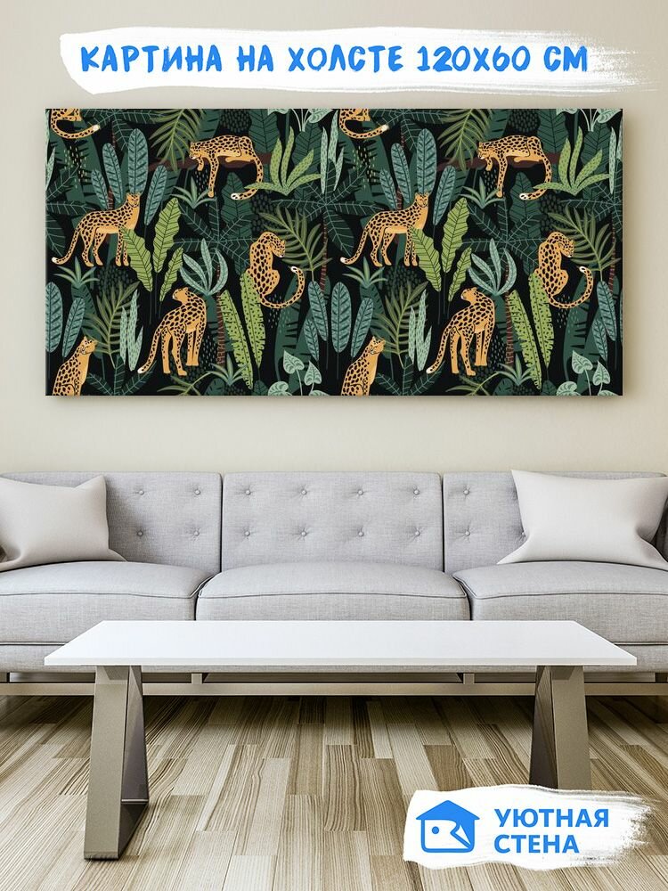 Картина на натуральном холсте Уютная стена "Леопарды в тропических листьях" 120х60 см