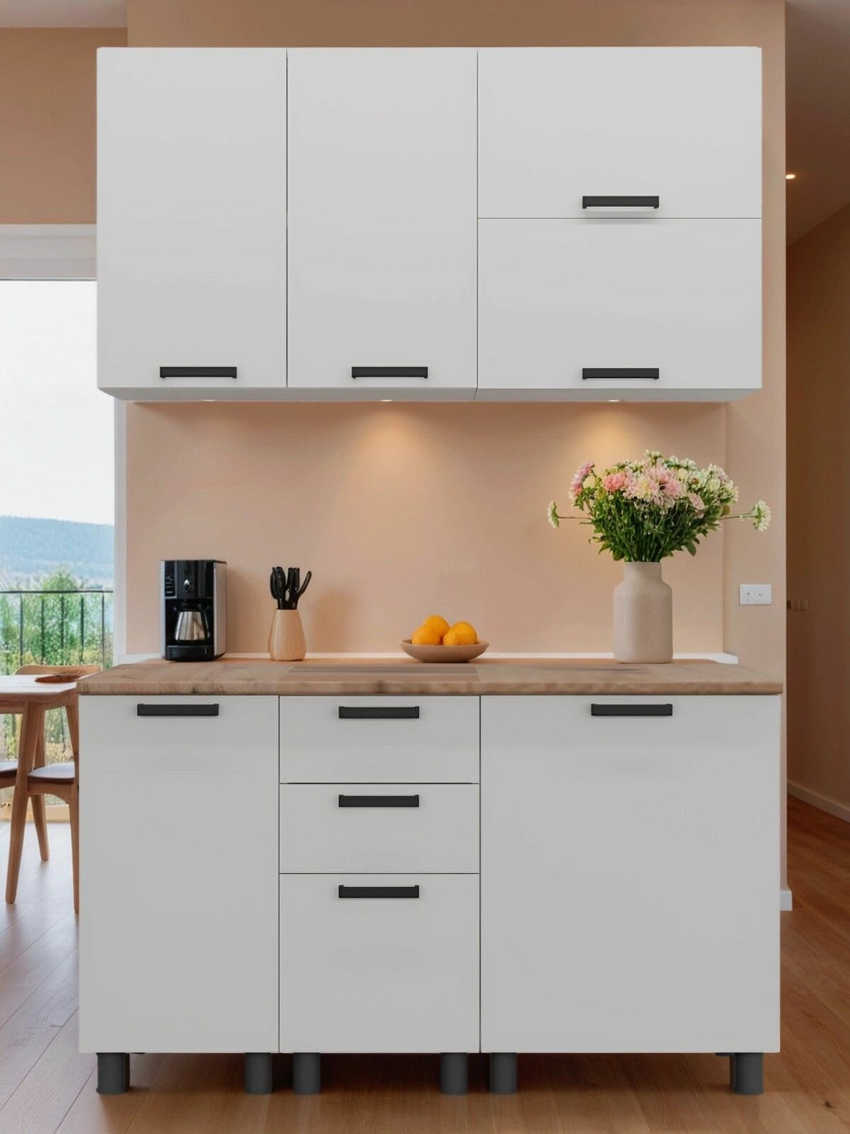 Кухонный гарнитур "Комфорт Эстетик", 1,4м, фасады МДФ, без столешницы без ручек модульный, молочный/сонома