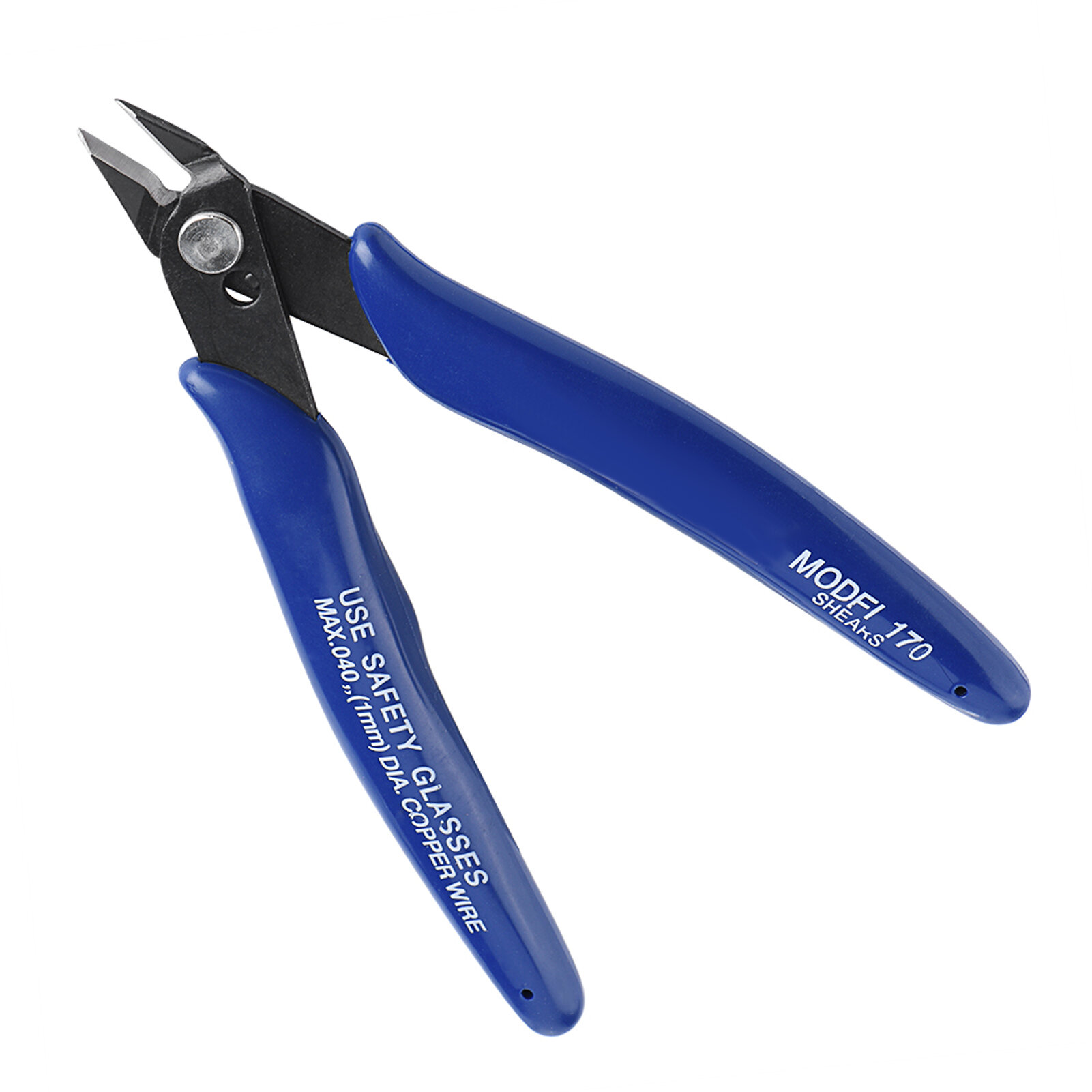 Кусачки для обрезки проволоки Diagonal Pliers, модель 170, цвет синий, материал высокоуглеродистая сталь (челюсти) и антискользящий резина (ручки), размер 130*76мм, вес 60г, диаметр среза 1,2мм, длина ручки 95мм, длина челюсти 12мм, с пружиной, для 3D