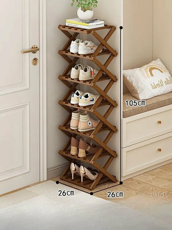 Обувница | бамбуковая, раскладная | открытая (без стенки) | 26x26x105 см | стиль минимализм | коричневый | для прихожей/дома | взрослые+дети