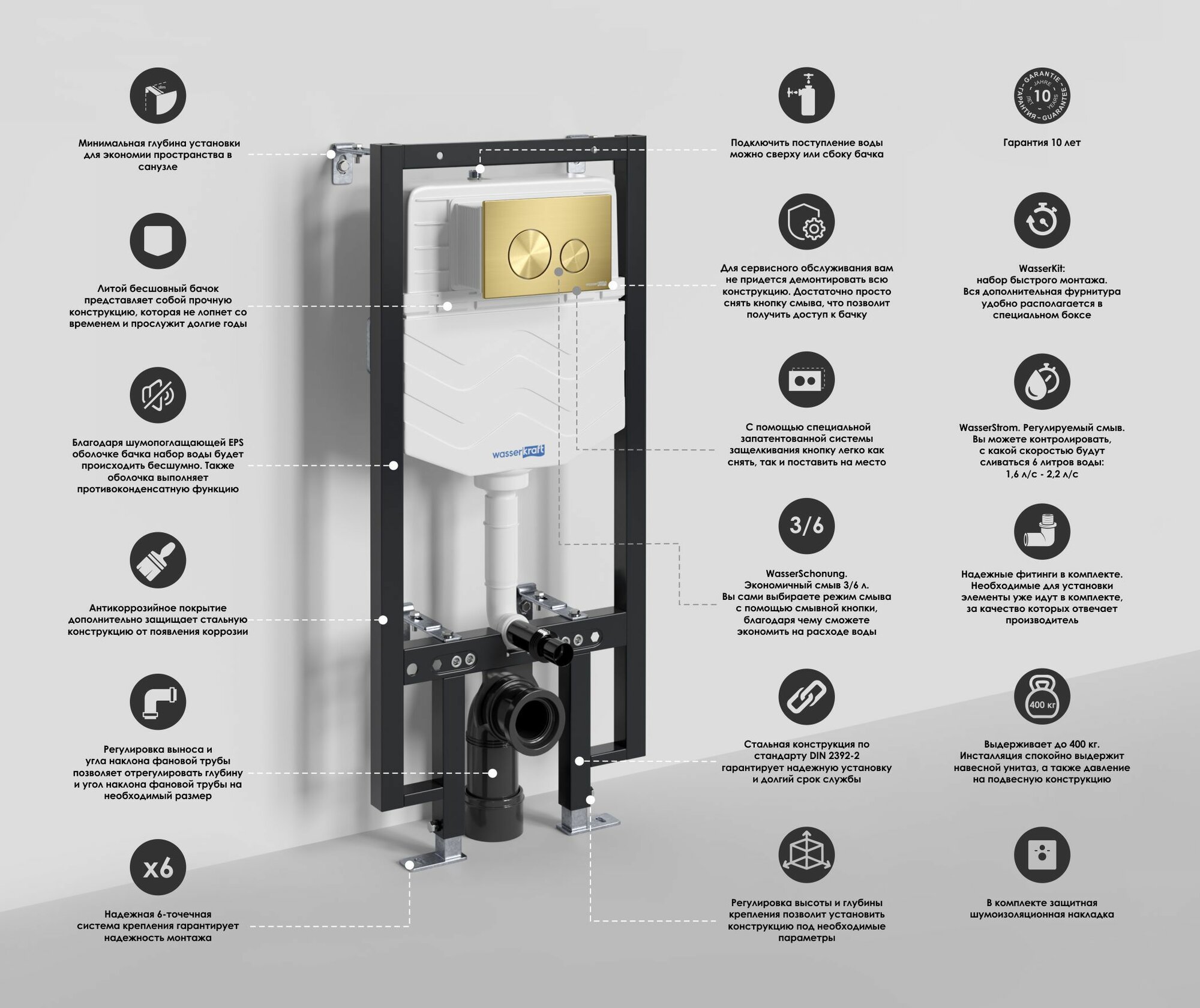 Инсталляция для унитаза с золотой кнопкой Vils 56TLT.010. ME. MG02 WasserKRAFT