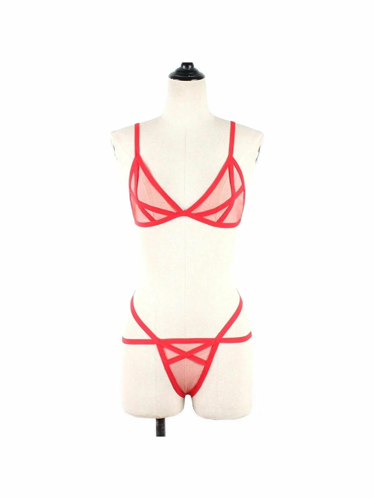 Прозрачный сетчатый комплект белья с push-up, красный - L