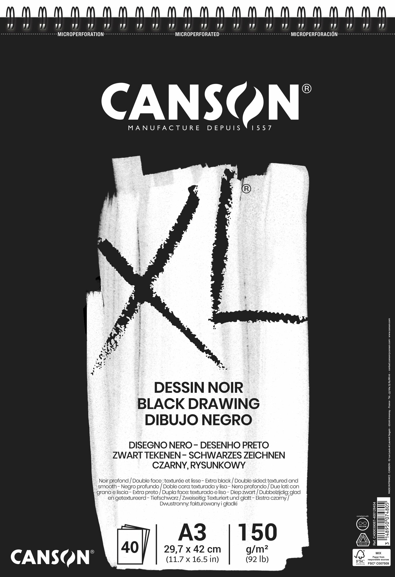 CANSON XL альбом для графики Black Dessin 150 г/м2, на спирали, 40 листов A3 29.7 х 42 см, C400039087