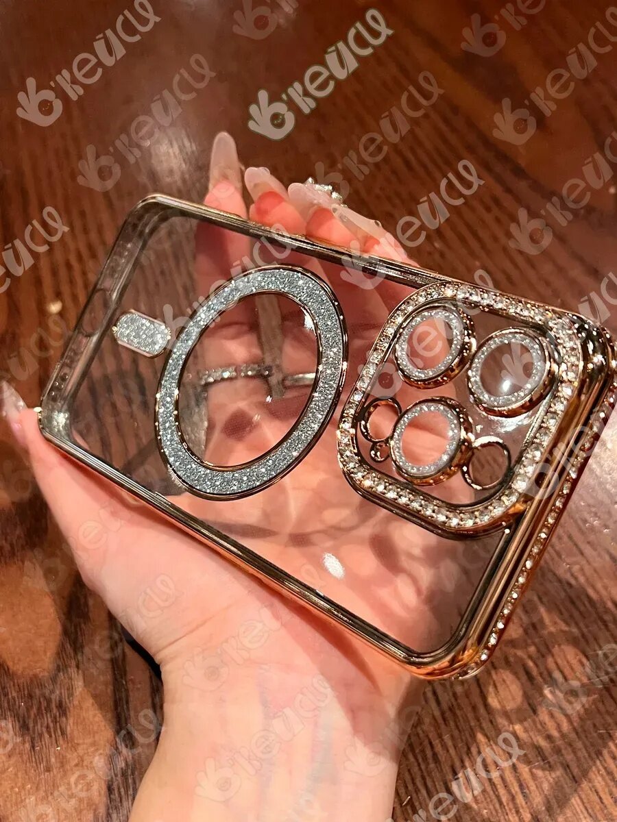 Чехол О'кейси для iPhone 16 Pro, прозрачный с золотистыми стразами, MagSafe, защита камеры