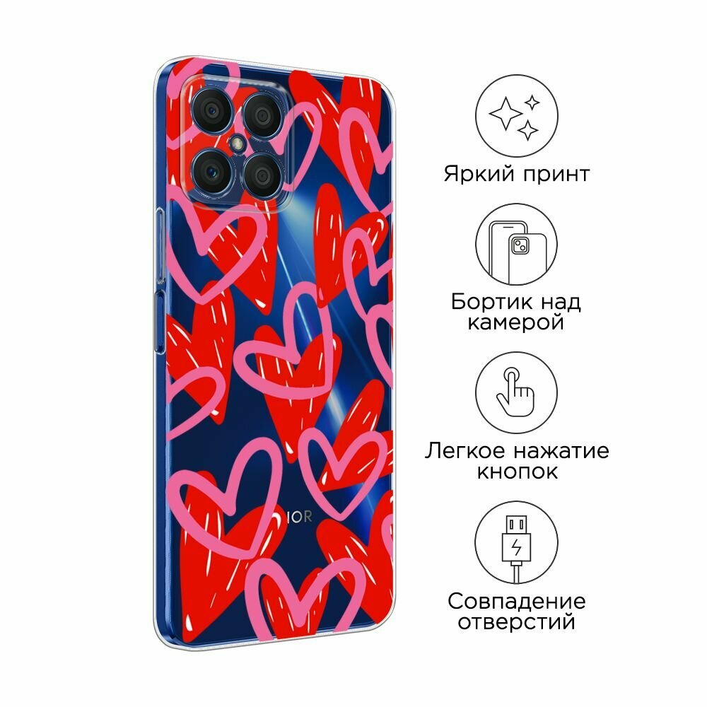 Чехол на Honor X8 / Хуавей X8 с принтом "Hearts doodles - 14 февраля", прозрачный — фото 1