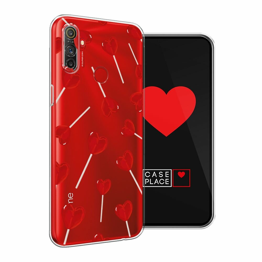 Чехол на Realme C3 / Реалми C3 с принтом "Сердечки-леденцы 2 - 14 февраля", прозрачный — фото 1