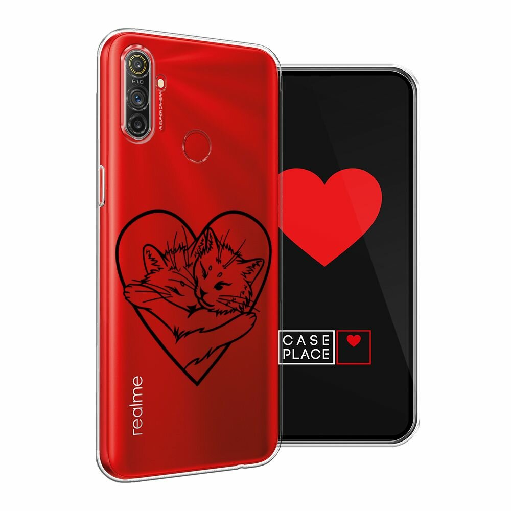 Чехол на Realme C3 / Реалми C3 с принтом "Влюблённые котики рисунок 3 - 14 февраля", прозрачный — фото 1