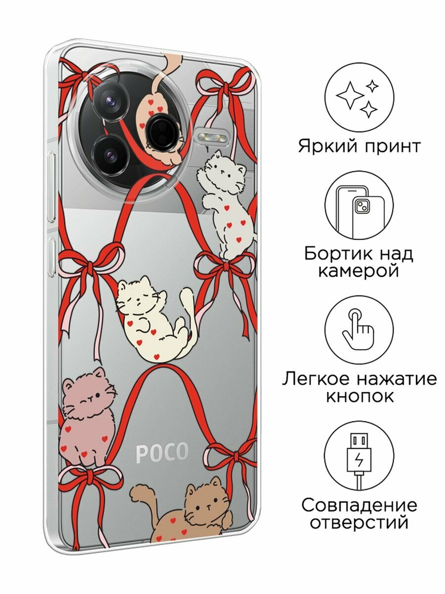 Чехол на Poco F7 Pro / Поко F7 Про с принтом "Котики в ленточках 2", прозрачный — фото 1