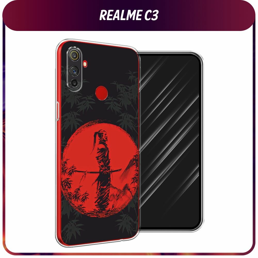 Чехол на Realme C3 / Реалми C3 с принтом "Самурай на красном фоне"