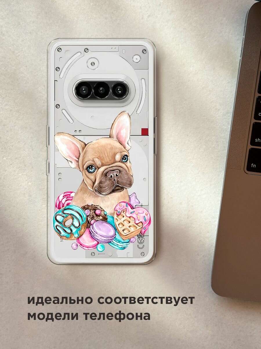 Чехол на Nothing Phone 3a / Нотинг Фон 3а с принтом "Бульдог и сладости", прозрачный — фото 1