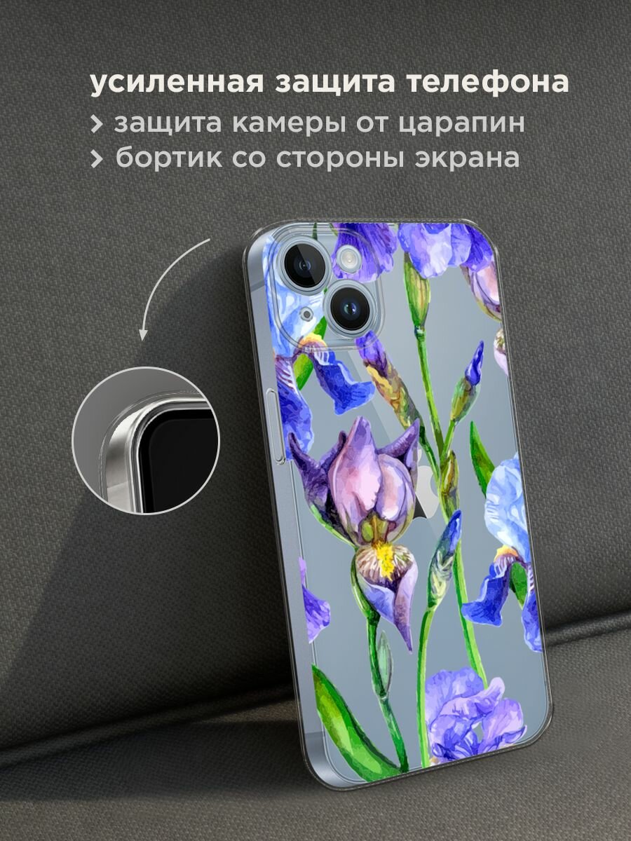 Чехол на Apple iPhone 14 / Айфон 14 с принтом "Синие ирисы", прозрачный — фото 1
