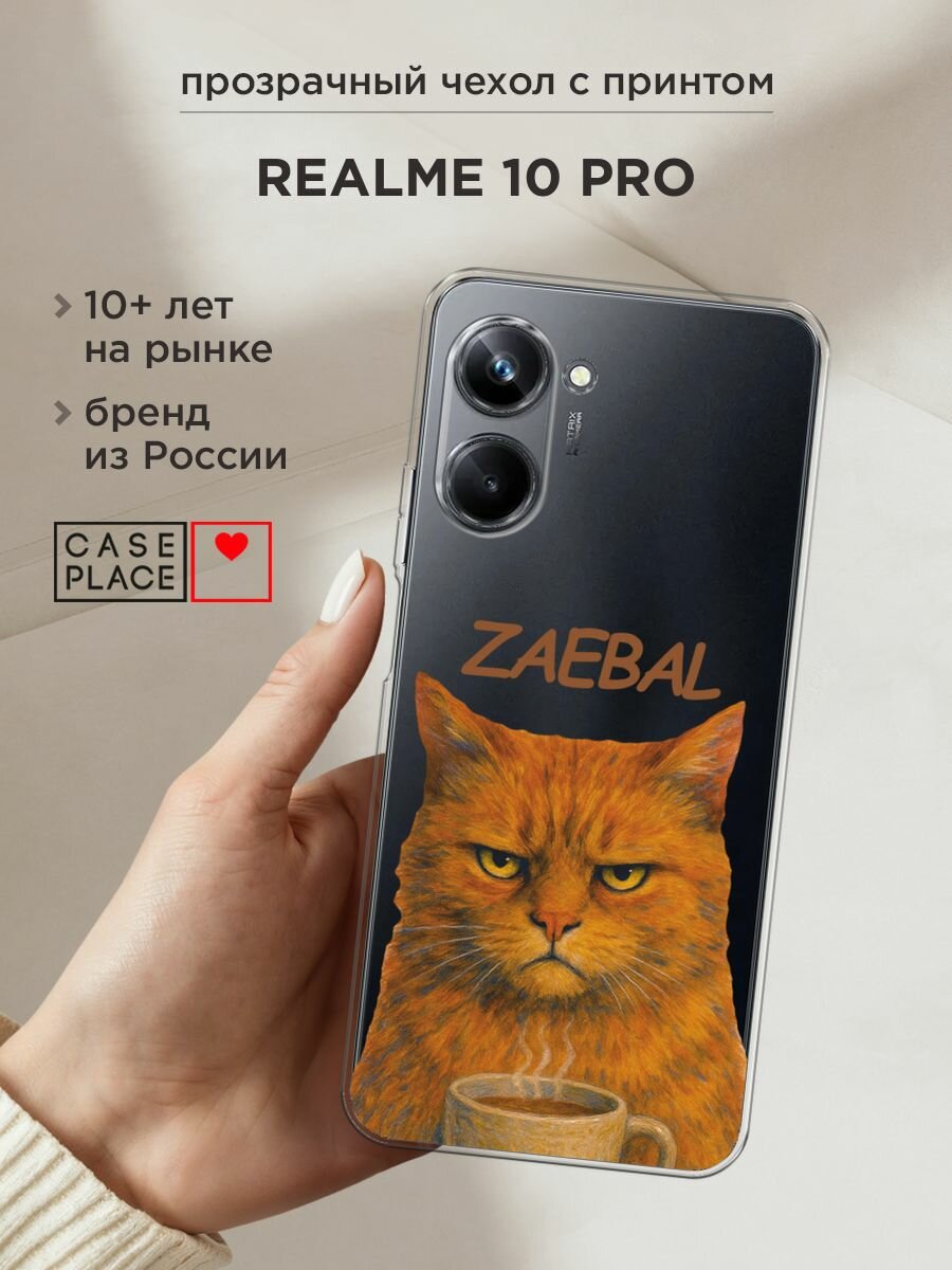 Чехол на Realme 10 Pro / Реалми 10 Про с принтом "Рыжий кот с надписью", прозрачный