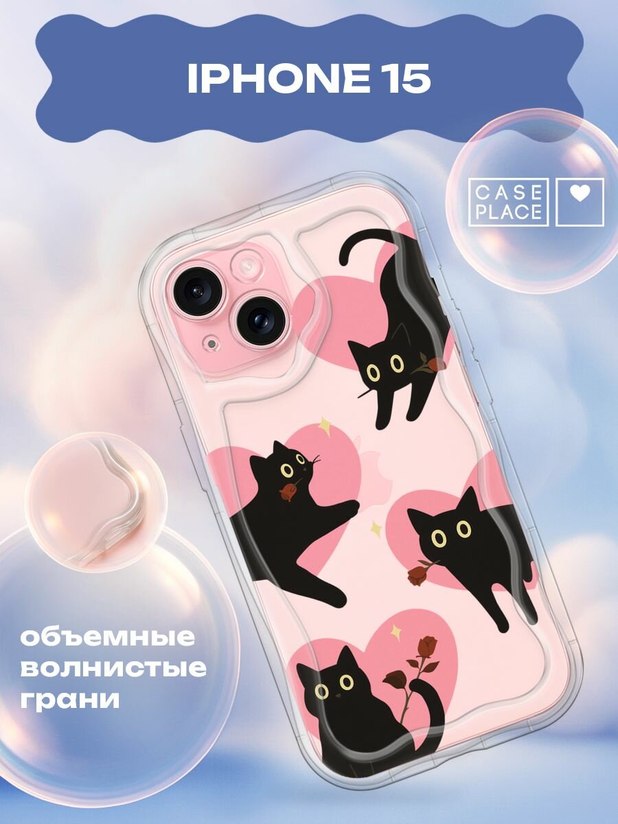 Чехол на Apple iPhone 15 / Айфон 15 с принтом "Котики с розой"