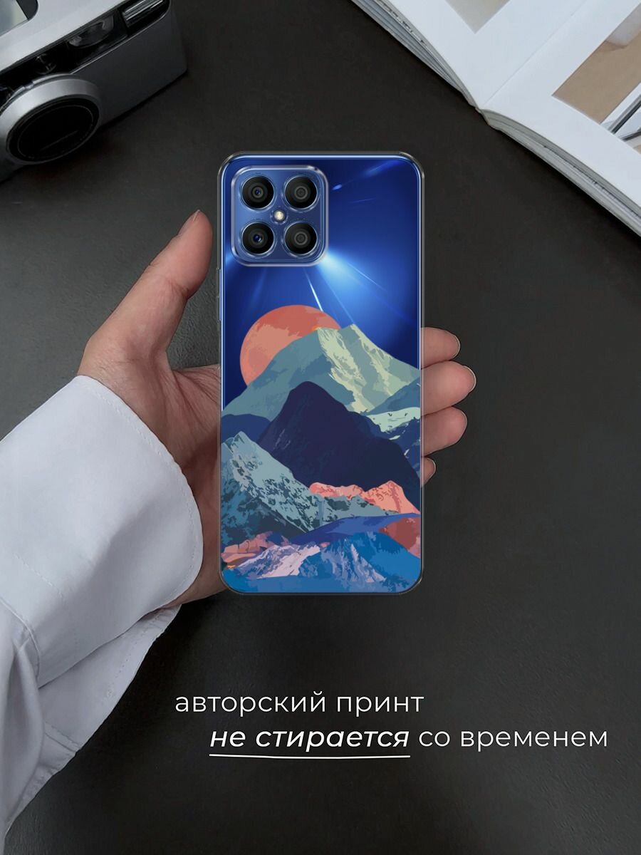Чехол на Honor X8 / Хуавей X8 с принтом "Закат в снежных горах", прозрачный — фото 1