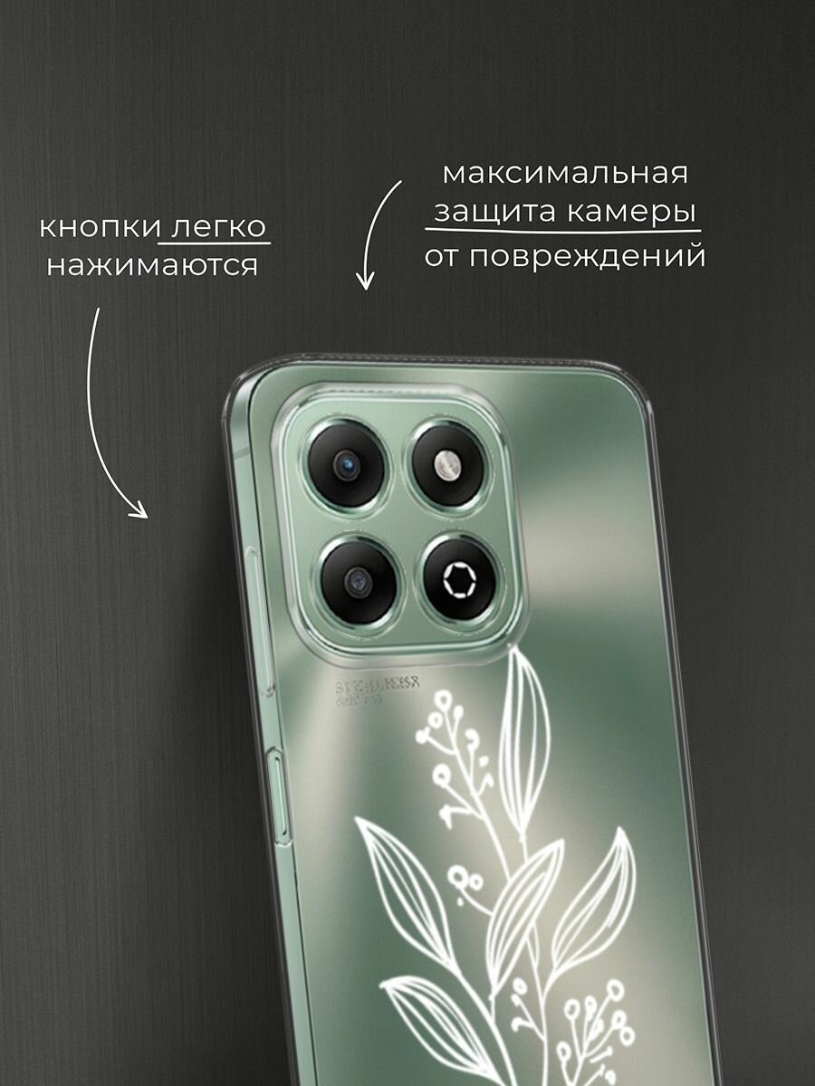Чехол на Honor X6b / Хонор X6b с принтом "Ветка с листочками и цветами", прозрачный — фото 1