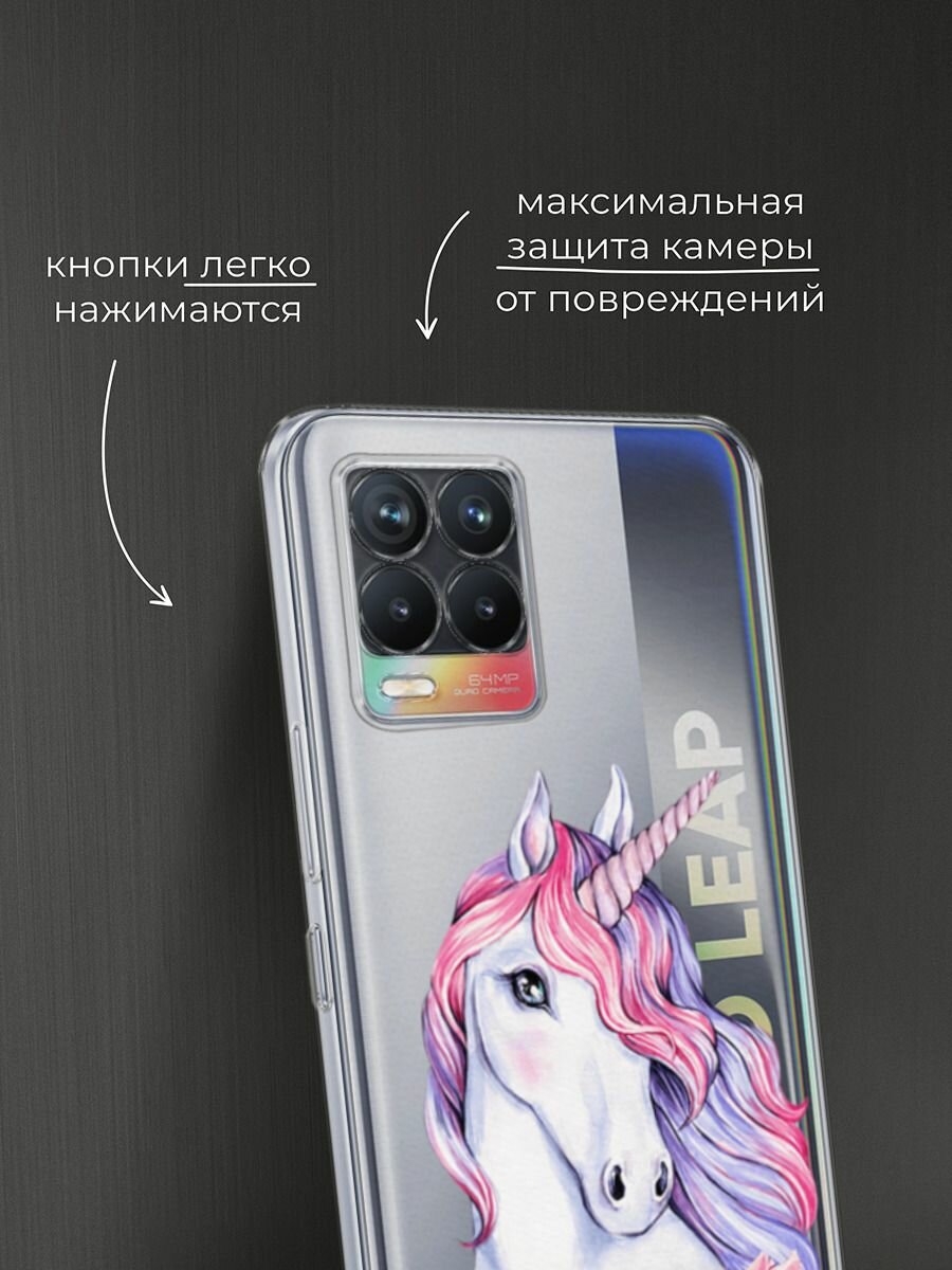 Чехол на Realme 8/8 Pro / Реалми 8/8 Про с принтом "Единорог с пионами", прозрачный — фото 1