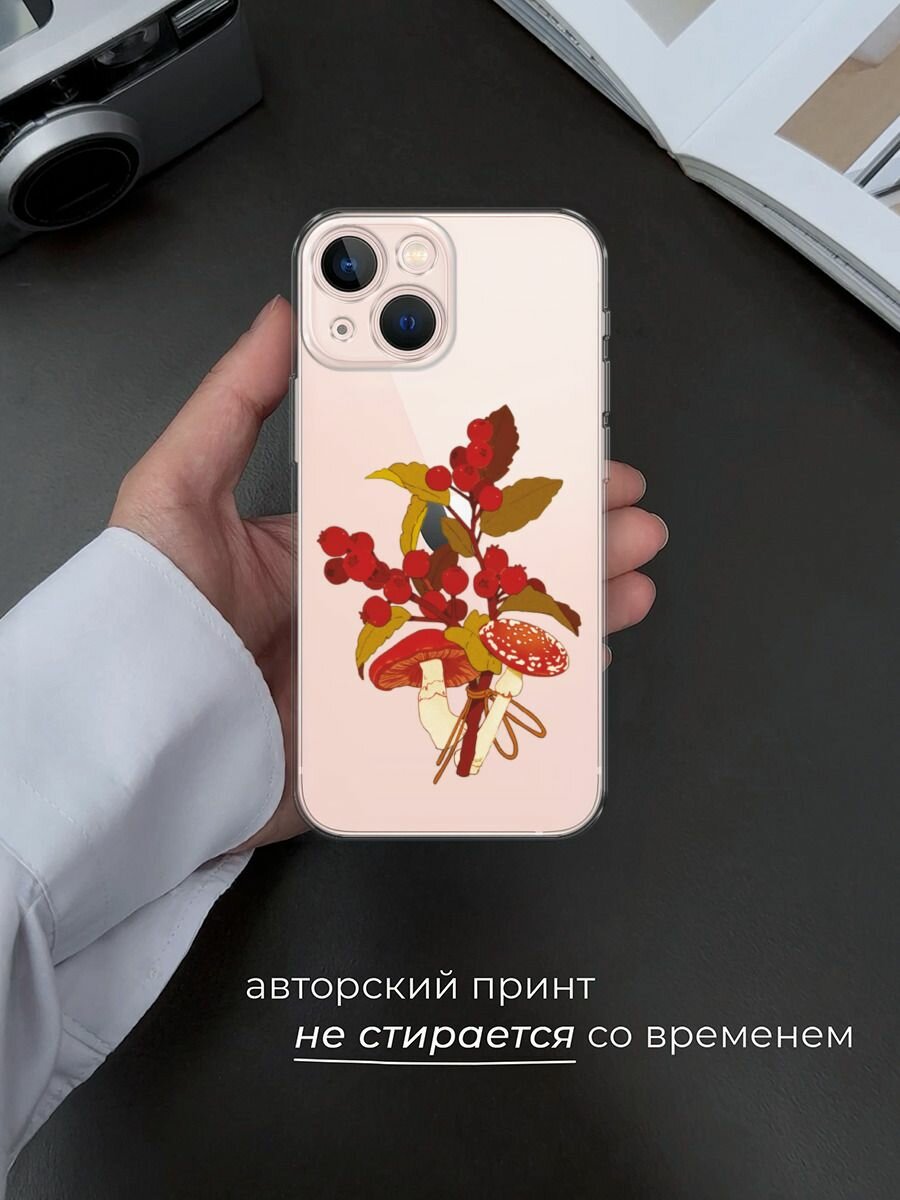 Чехол на Apple iPhone 13 mini / Айфон 13 мини с принтом "Рябина с грибами", прозрачный — фото 1