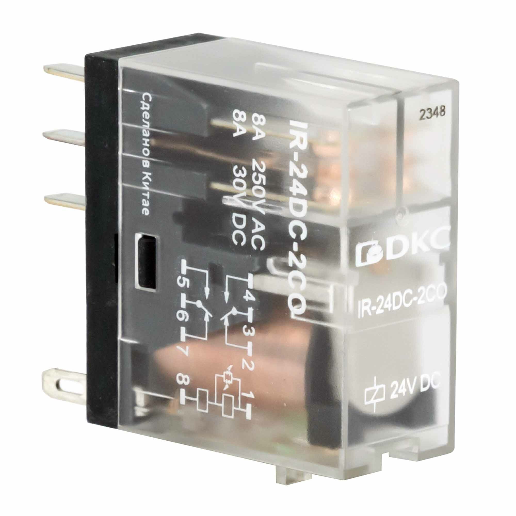 Реле промышленное DKC миниатюрное, 2CO, коммутационный ток 8А, AgSnO2, напряжение 24В DC, опция светодиод