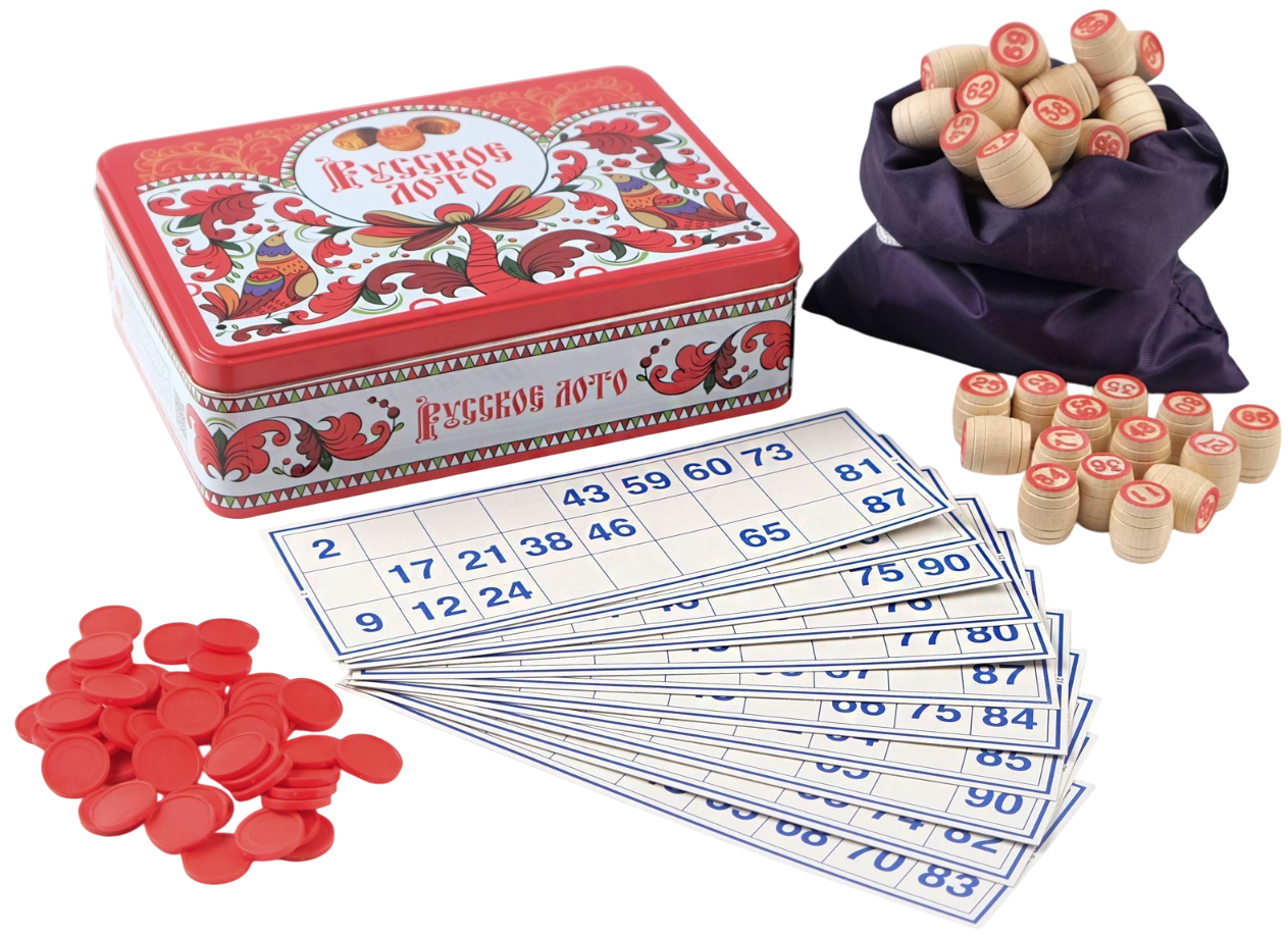 Лото Русское "Узоры" с деревянными бочонками, классическая настольная игра для всей семьи