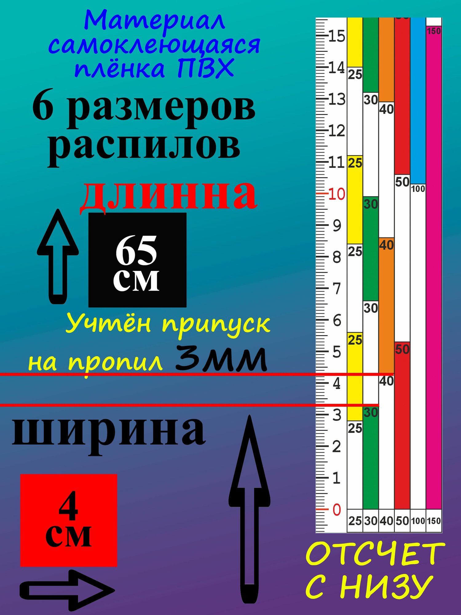 Линейка для пилорамы 65см, пропил 3мм, 6 размеров, обратная