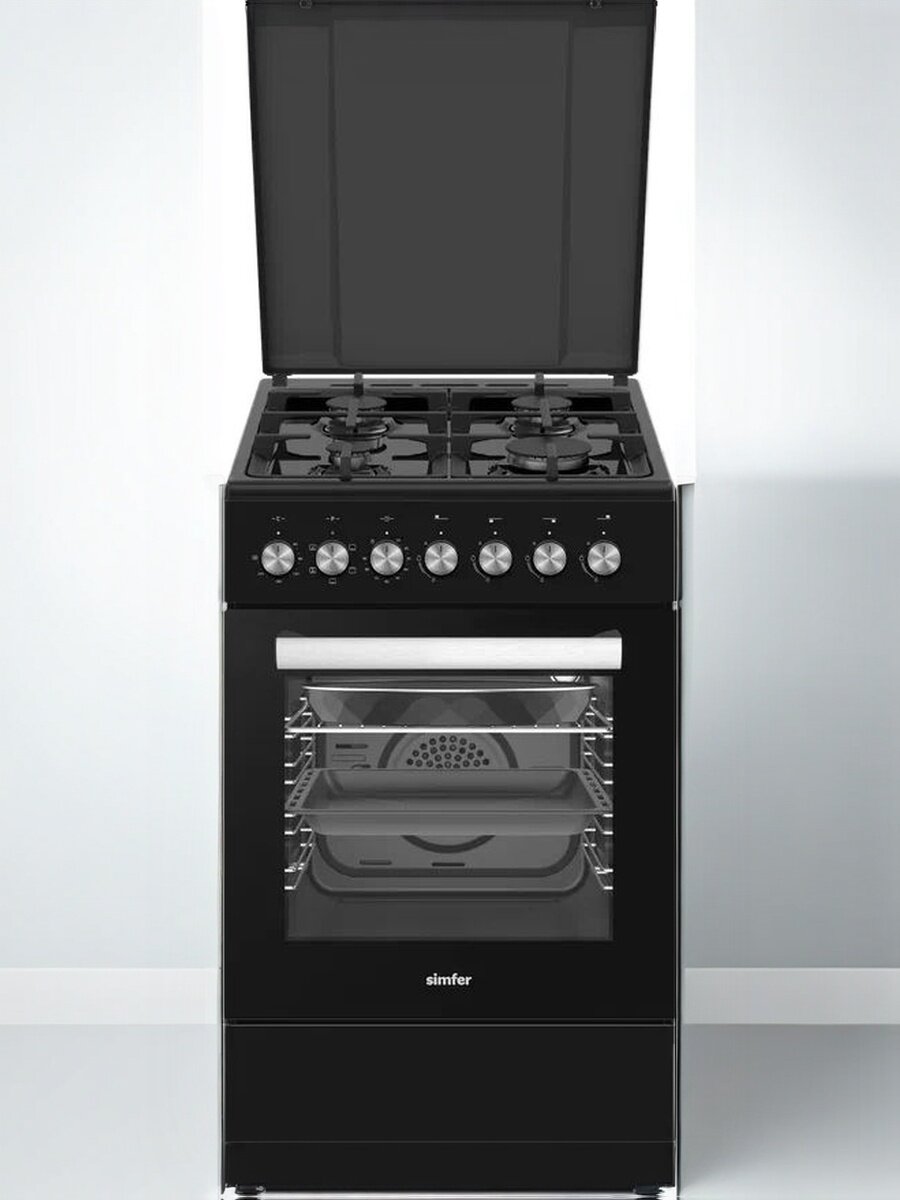 Газовая плита Simfer,50х60см электрическая духовка, 5 режимов, конвекция, таймер, газ-контроль, автоподжиг, чугун, ящик