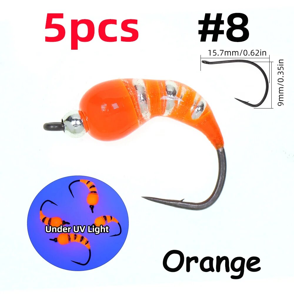5шт мушек для рыбалки, Orange Size 8
