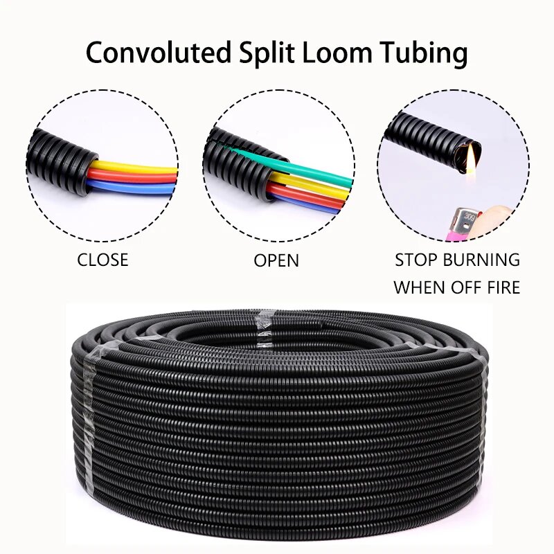 Черная гофрированная труба из ПП 7,5-34,5 мм 6.5x10mm open, 10 Meters