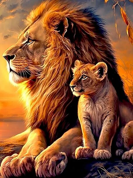 Алмазная мозаика без подрамнике Картина стразами Алмазное хобби "Лев и львенок" 40х50