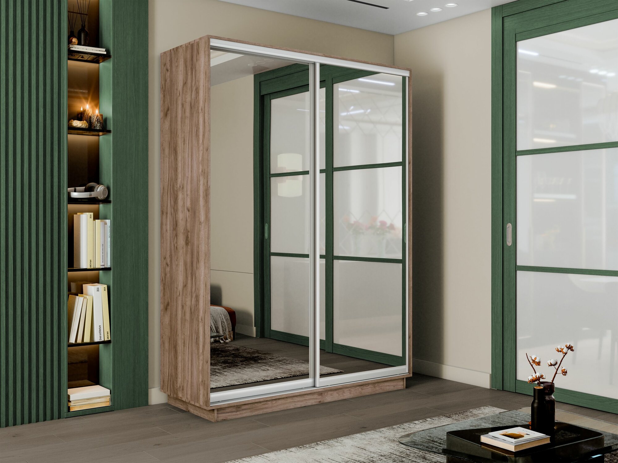 Шкаф купе Вилли 2-х дверный ЛДСП, зеркальные двери, профиль серебро 120 см х 220 см х 45 см (Крафт табачный)