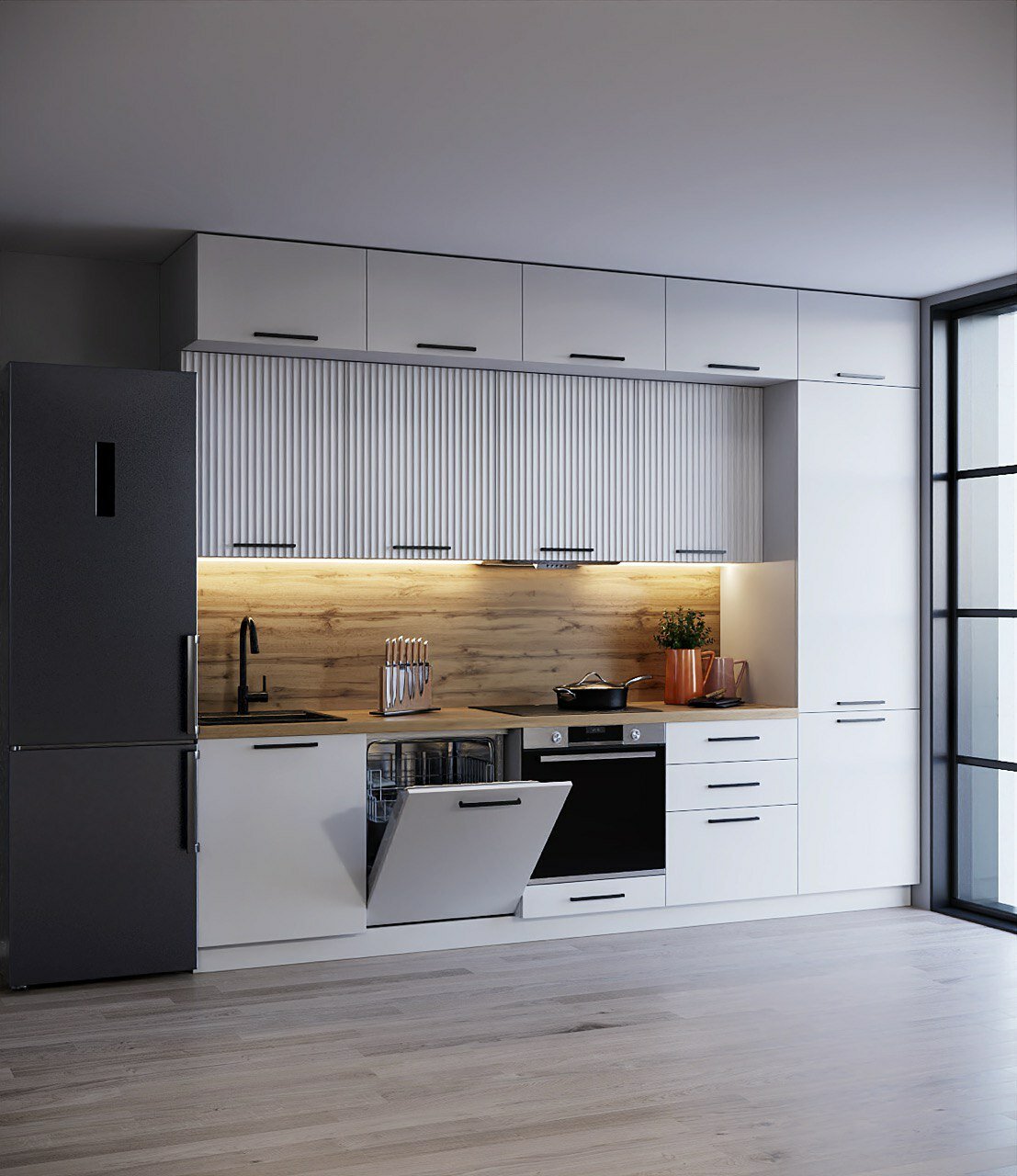 Кухонный гарнитур Миксы 3.0м МДФ, Белый софт со столешницей Дуб вотан