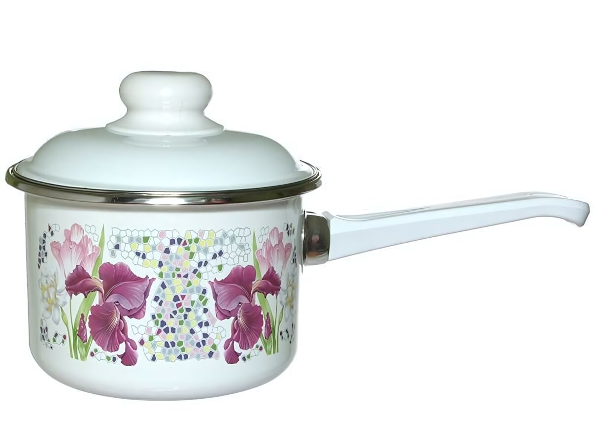 Ковш 1,5л с крышкой "Мозаика", эмалированная сталь, белый, металлическая крышка