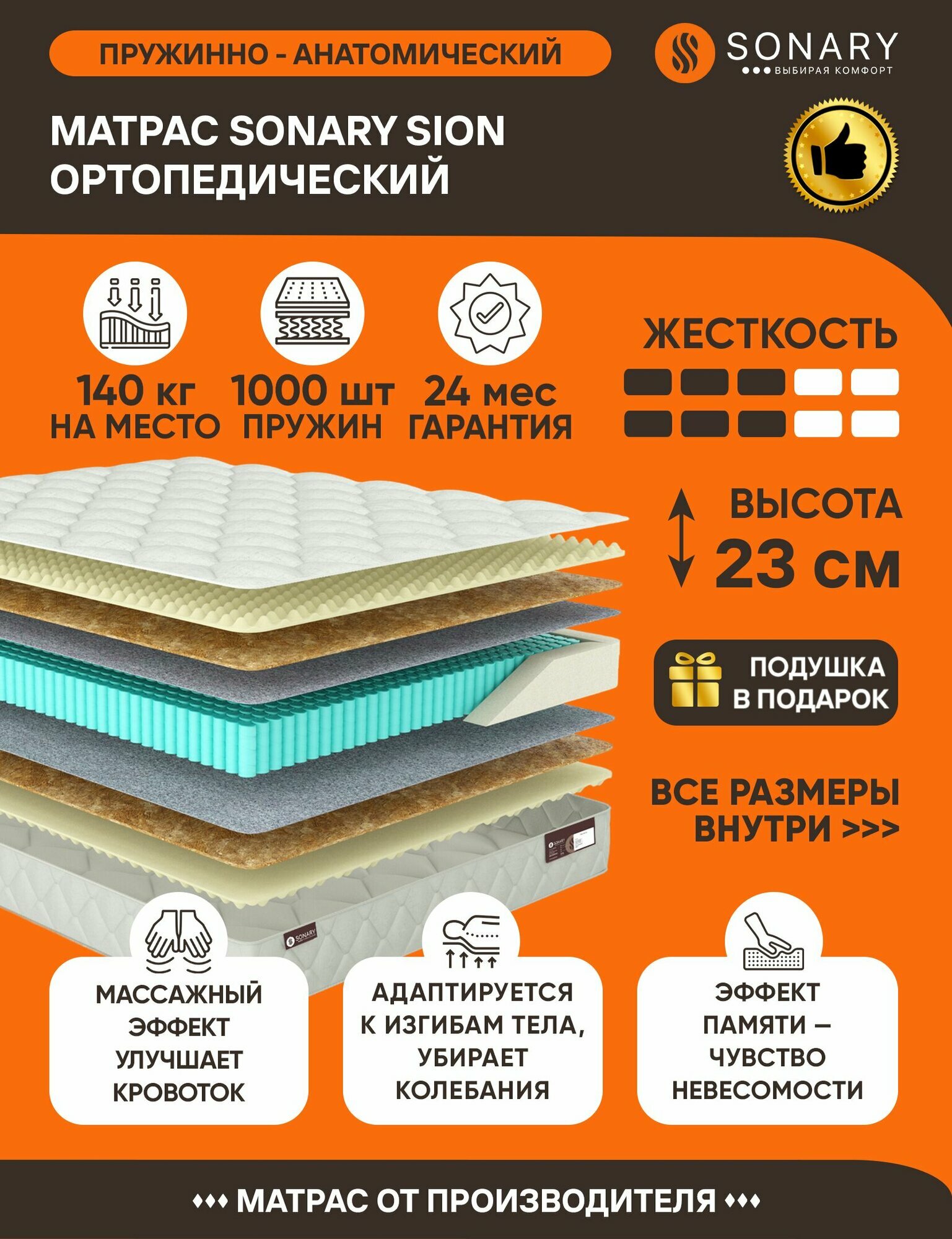 Матрас Sonary Sion 90х210 серии Relax высота 23 см анатомический средней жесткости Независимые пружины