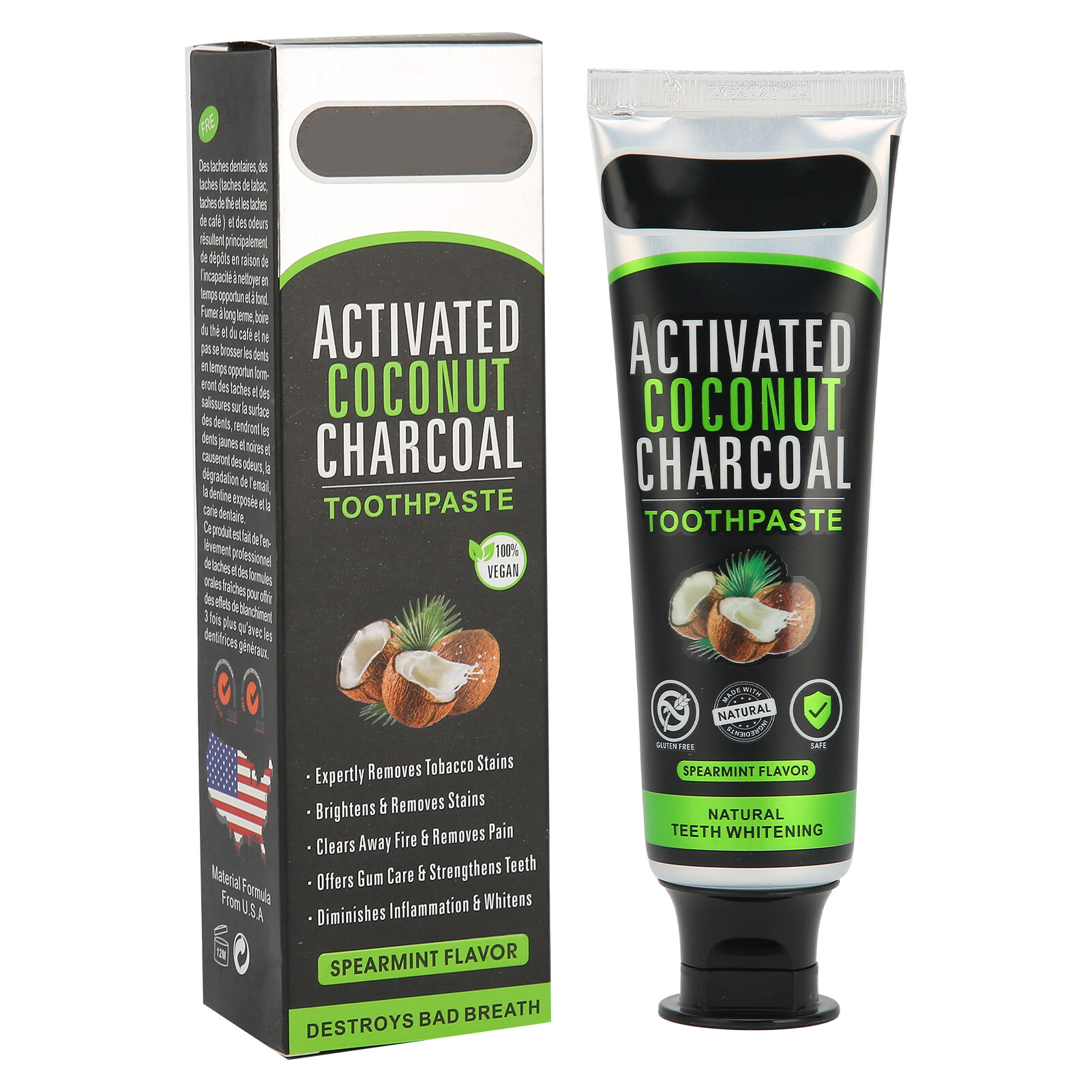 Активированная древесная зубная паста Кокосовое масло натуральные зубы отбеливание ухода за полостью рта 100 мл