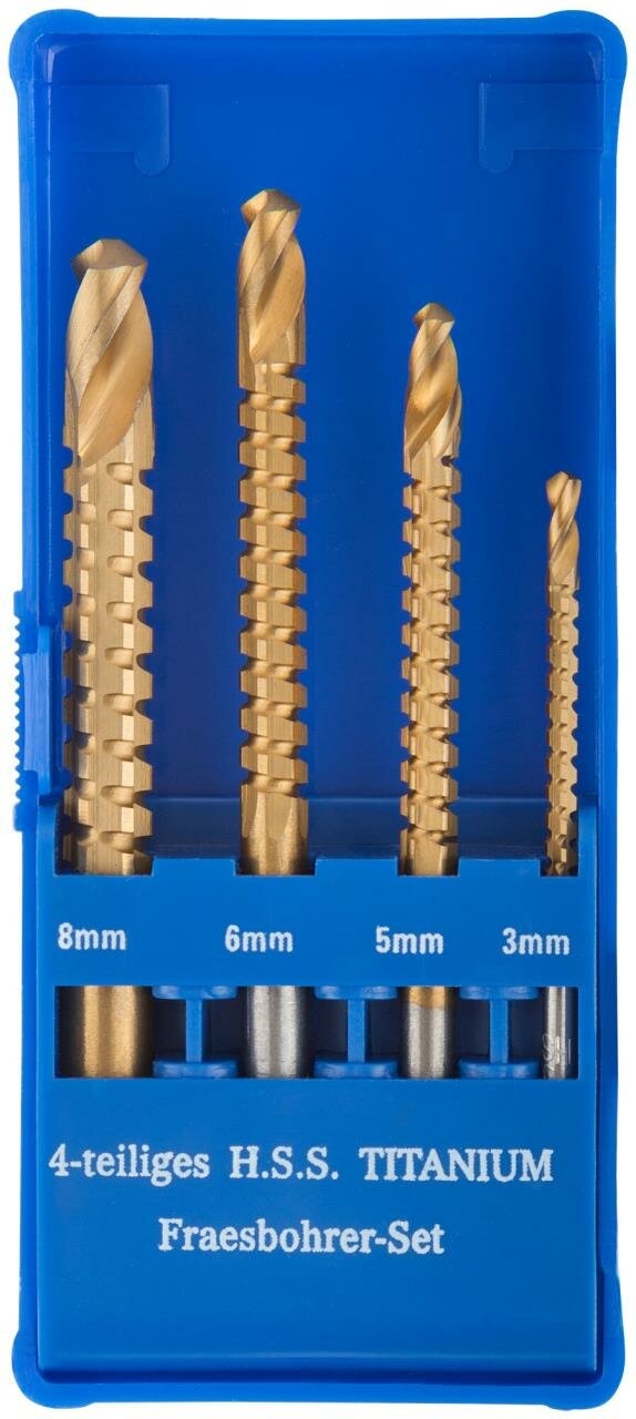 Сверло-фреза универсальное титановое покрытие, набор 4 шт. (3; 5; 6; 8 мм)