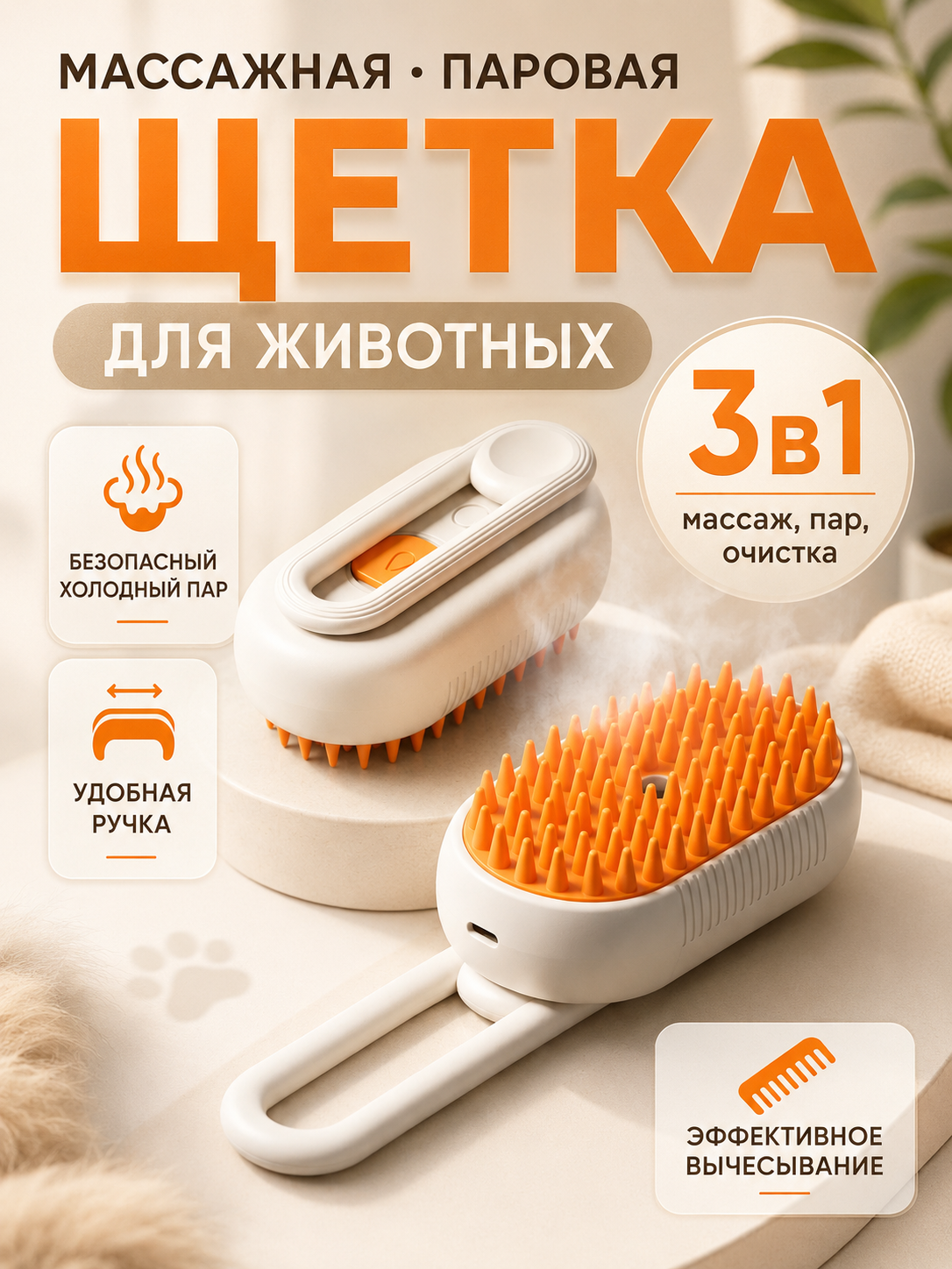 Паровая щетка‑расчёска для кошек и собак 3 в 1 с ручкой, силиконовая — уход за шерстью, вычёсывание, массаж питомца