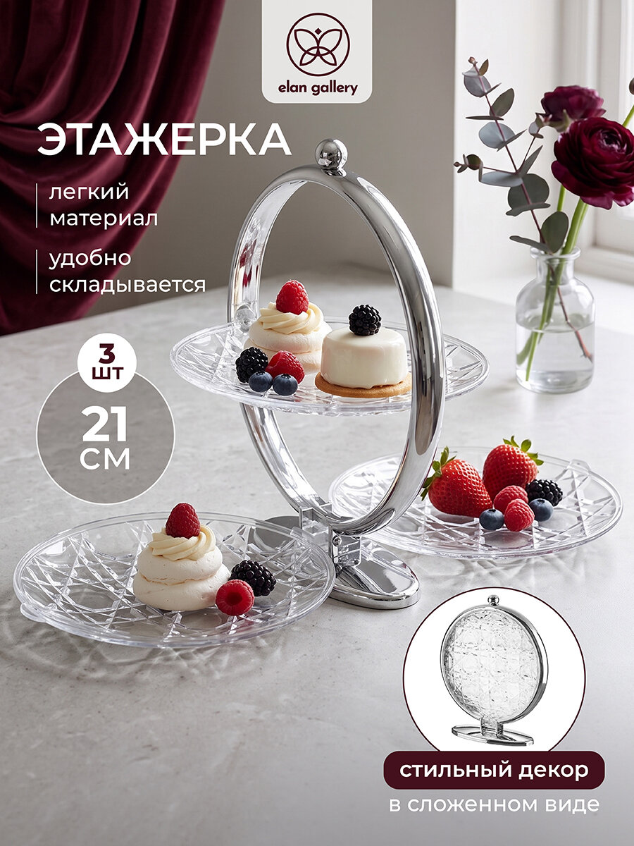 Блюдо-этажерка 3-х ярусная складная, блюдо для фруктов и конфет 24х8х28 см Elan Gallery, акрил