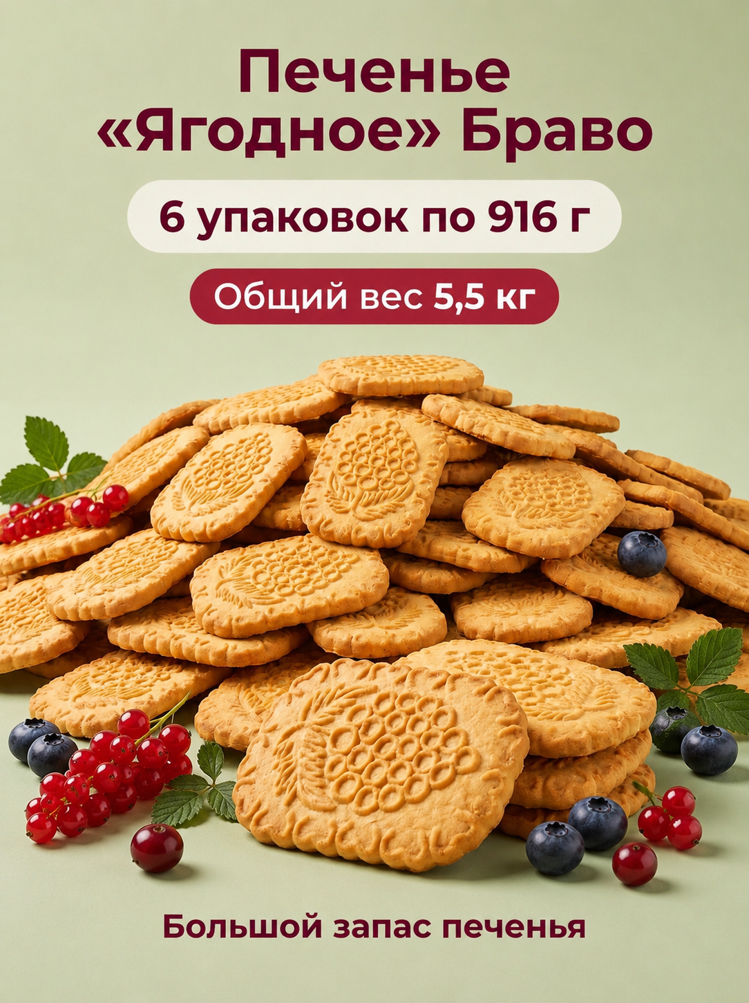 Печенье Ягодное Браво 5,5 кг, 6 пачек по 916 г, сладкое печенье к чаю для офиса, семьи и гостей