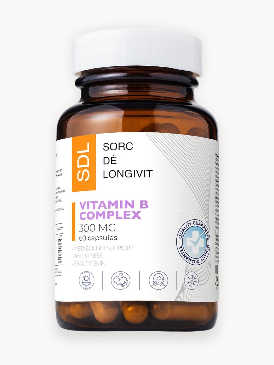 Витамины группы B комплекс SDL для кожи, волос, ногтей 300мг, 60 капсул