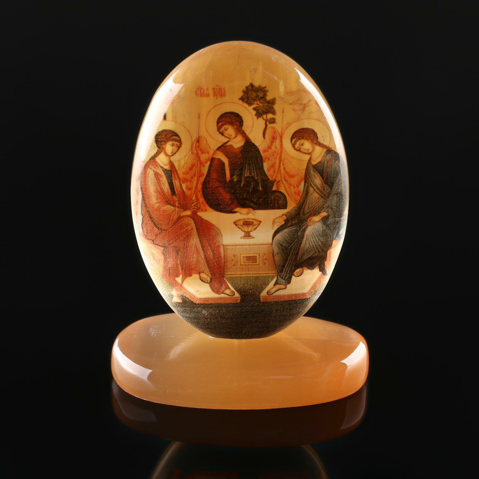 Икона «Святая Троица», овал на поставке с фоном, настольная, селенит