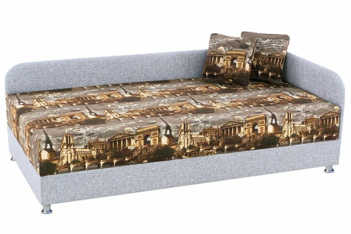 Тахта София серая рогожка, принт Париж коричневый, правый угол