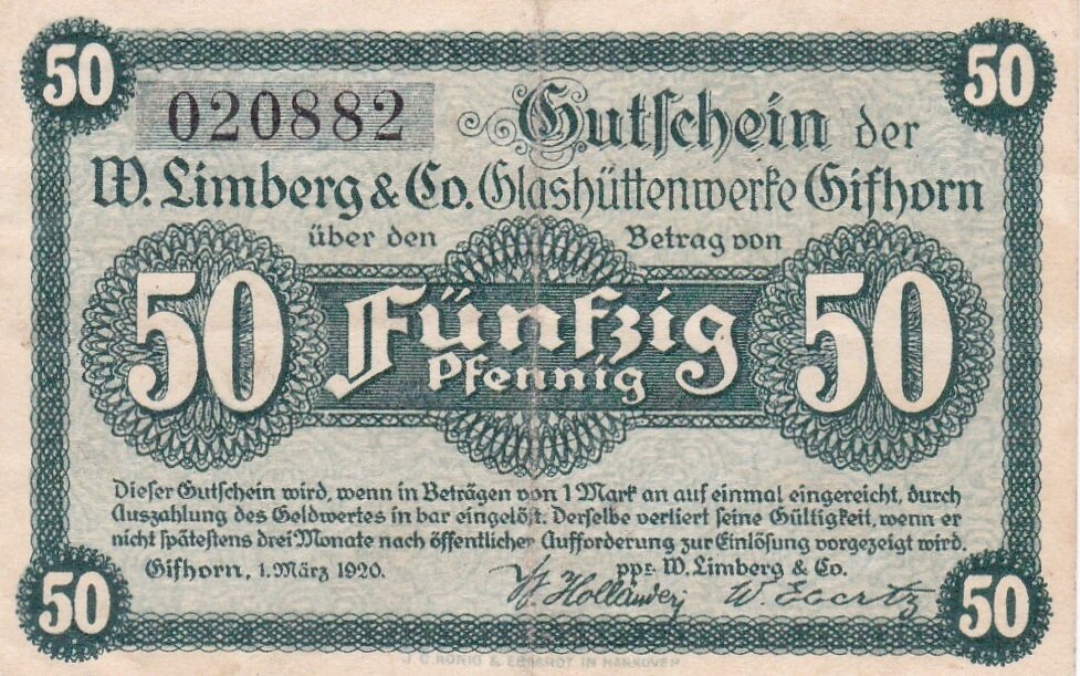 Германия (Веймарская Республика) Гифхорн 50 пфеннигов 1920 г.